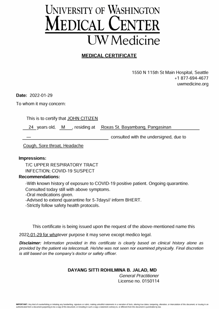University of Washington Medical Center medical certificate template in ...