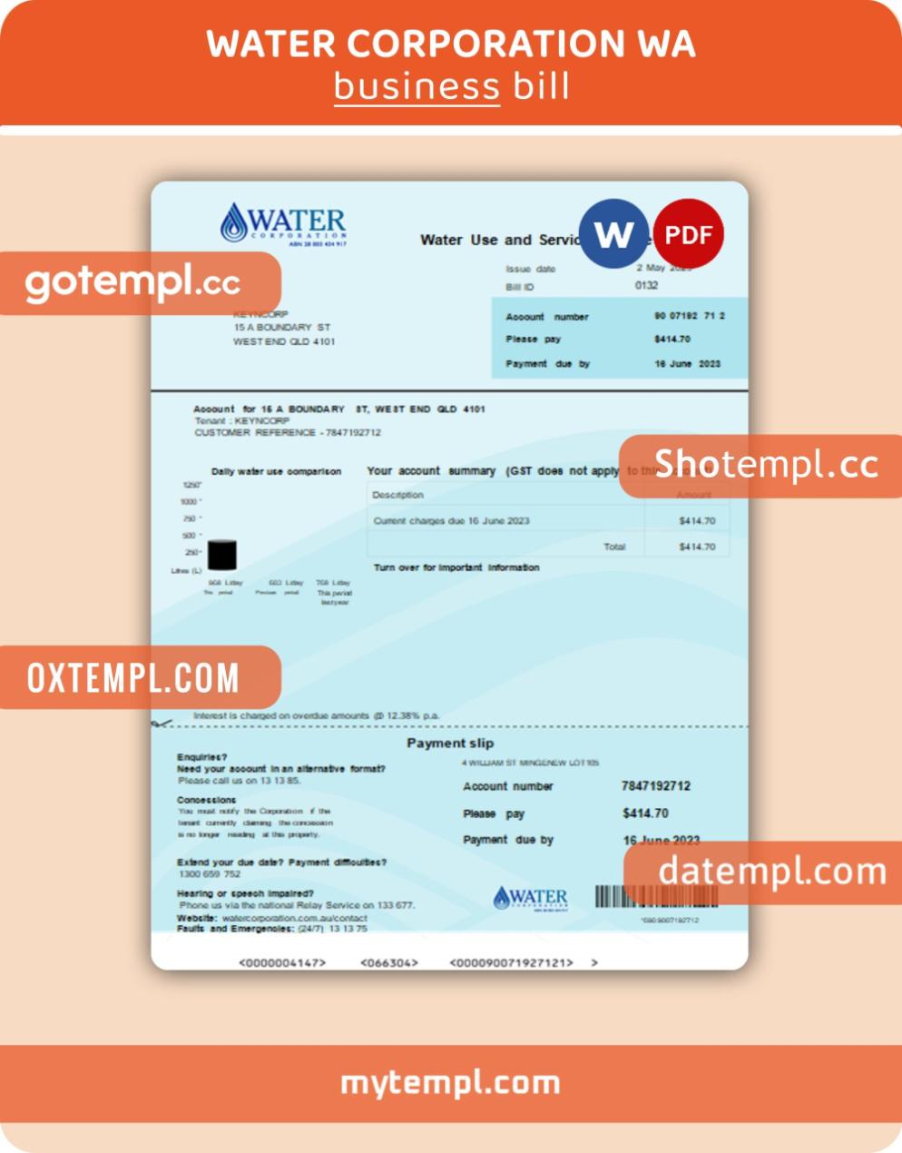 Australia Water Corporation WA business utility bill, Word and PDF ...