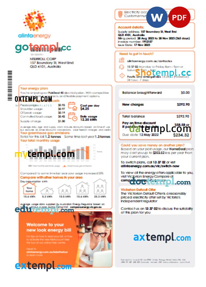 Alinta Energy electricity business utility bill template in Word and ...