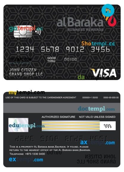 Bahrain Al Baraka bank business rewards visa card template in PSD format