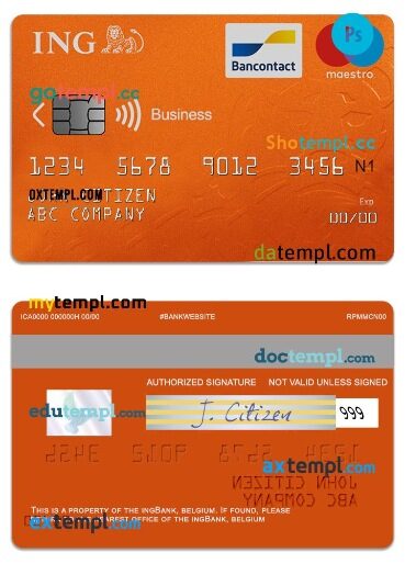 Belgium ING Bank maestro business card template in PSD format