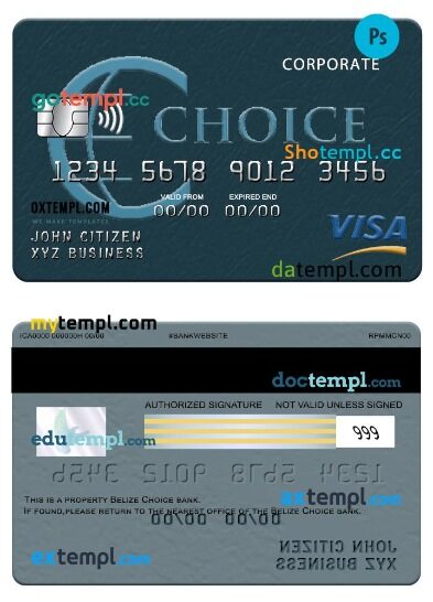 Belize Choice bank visa corporate card template in PSD format