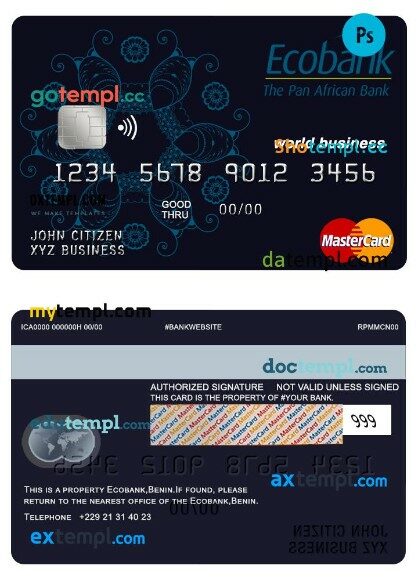 Benin Ecobank world business mastercard template in PSD format