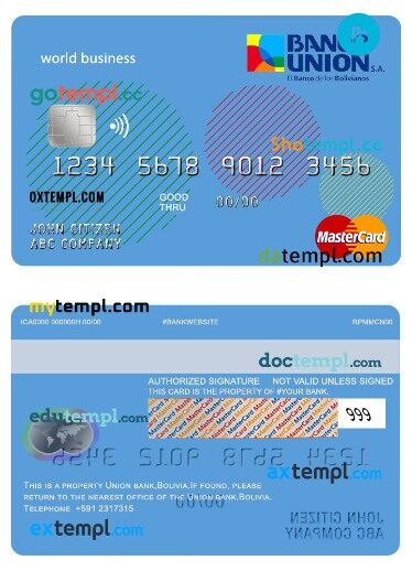 Bolivia Union bank world business mastercard template in PSD format