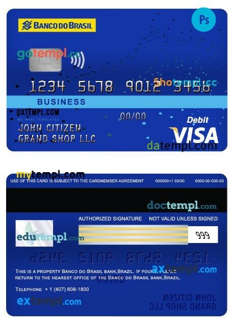 Brazil banco do brasil bank business visa debit card template in PSD format
