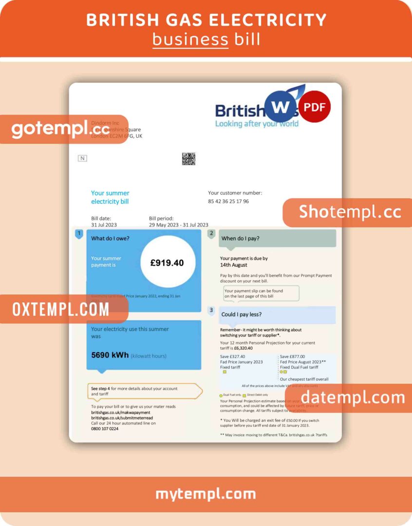 British gas electricity, utility business bill template in Word and PDF ...