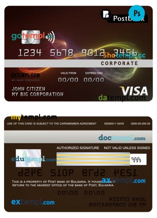 Bulgaria Post bank corporate visa card template in PSD format