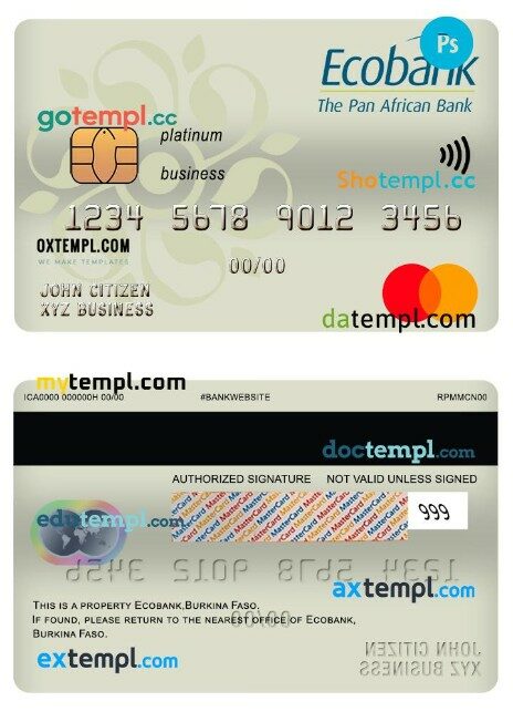 Burkina Faso Ecobank bank business platinum mastercard template in PSD ...