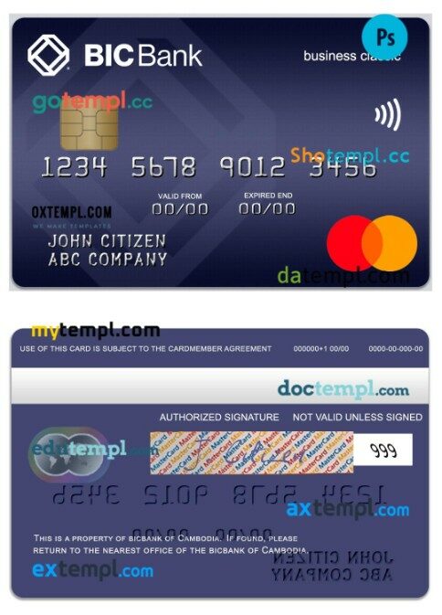 Cambodia BICBank business classic mastercard template in PSD format
