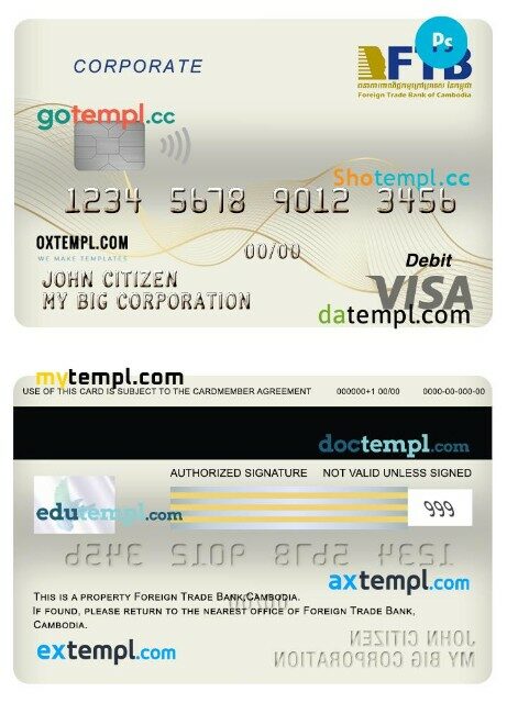 Cambodia Foreign Trade bank corporate visa debit card template in PSD ...