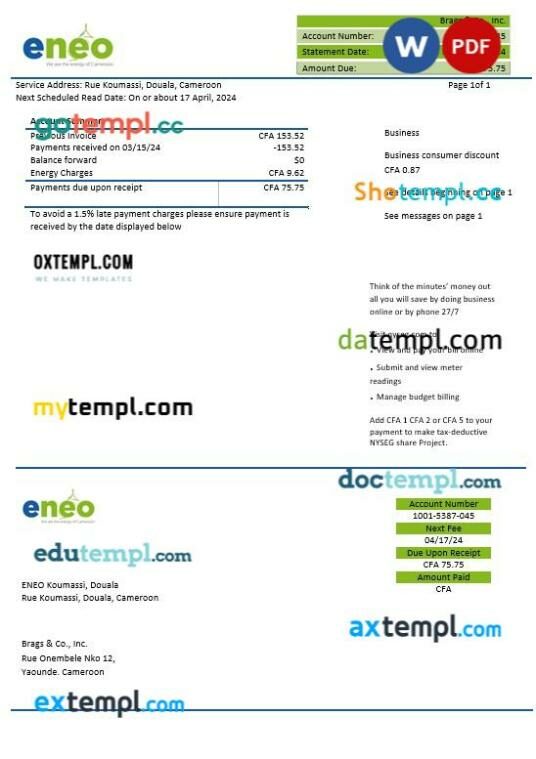 Cameroon ENEO electricity business utility bill template in Word and ...