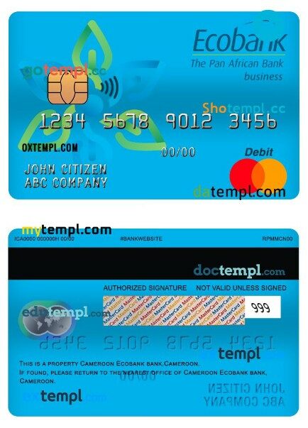 Cameroon Ecobank bank business debit mastercard template in PSD format