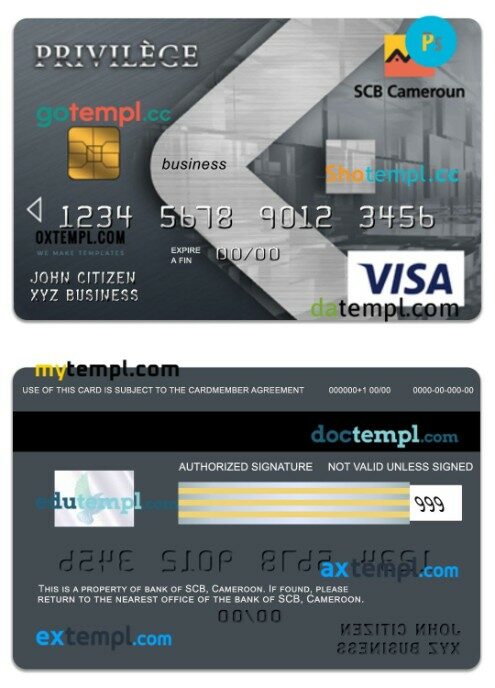 Cameroon SCB bank visa privilege business card template in PSD format