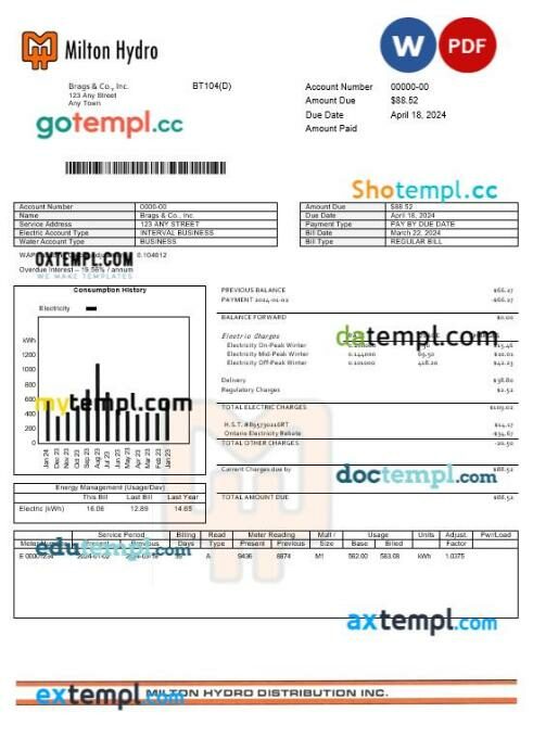 Canada Milton Hydro electricity business utility bill template in Word ...