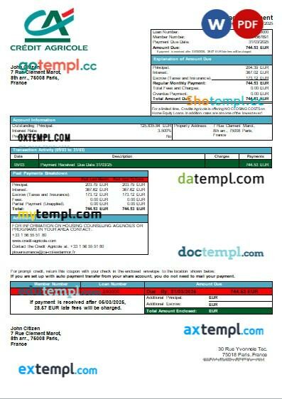 France Credite Agricole Bank mortgage statement, editable template in PDF and Word