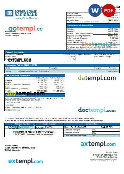 Georgia Basis Bank mortgage statement, editable template in PDF and Word