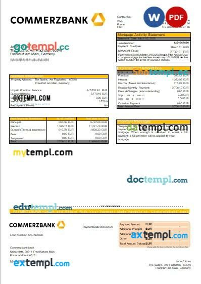 Germany Commerzbank bank mortgage statement, editable template in PDF and Word