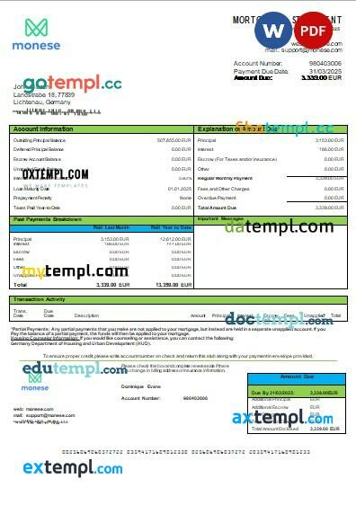 Germany Monese bank mortgage statement, editable template in PDF and Word