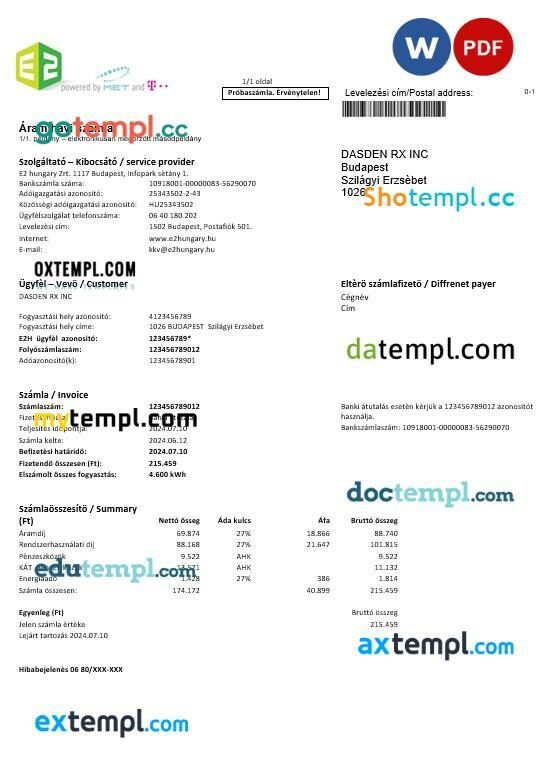 Hungary E2 business utility bill template in Word and PDF format