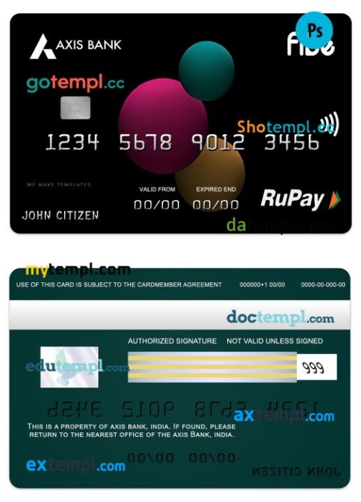 India Axis Bank Fibe RuPay credit card template in PSD format