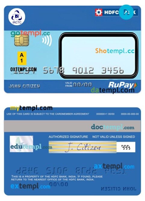 India IRCTC HDFC Bank RuPay Credit Card template in PSD format