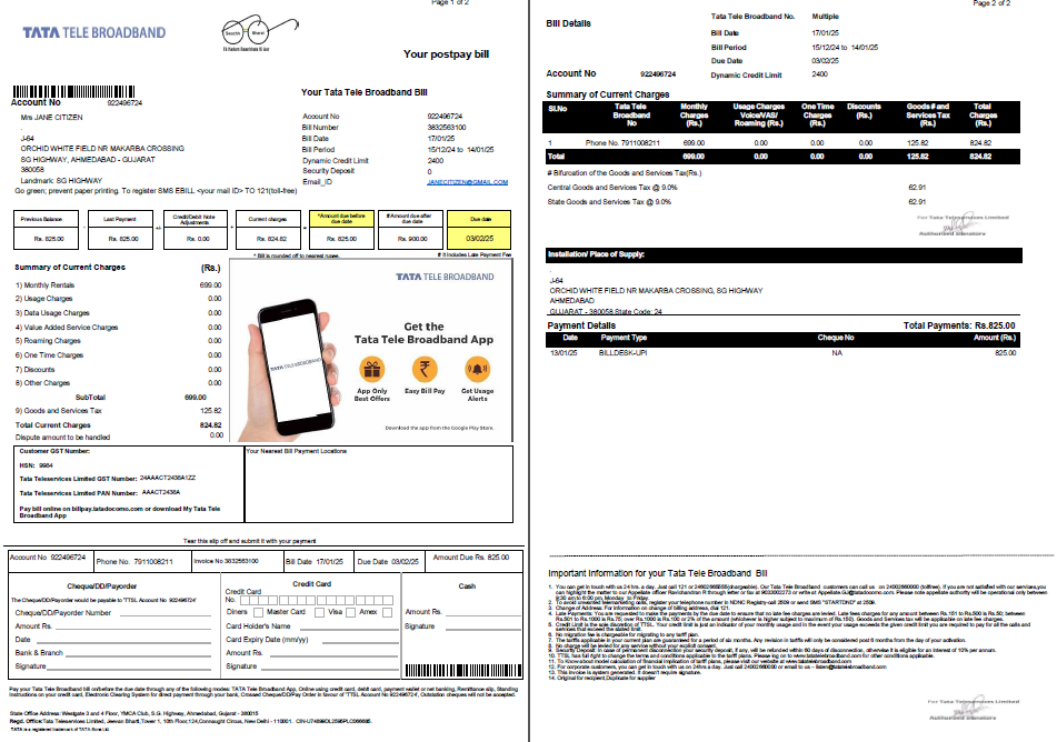 India Tata Tele Broadband utility bill template in Word and PDF formats ...