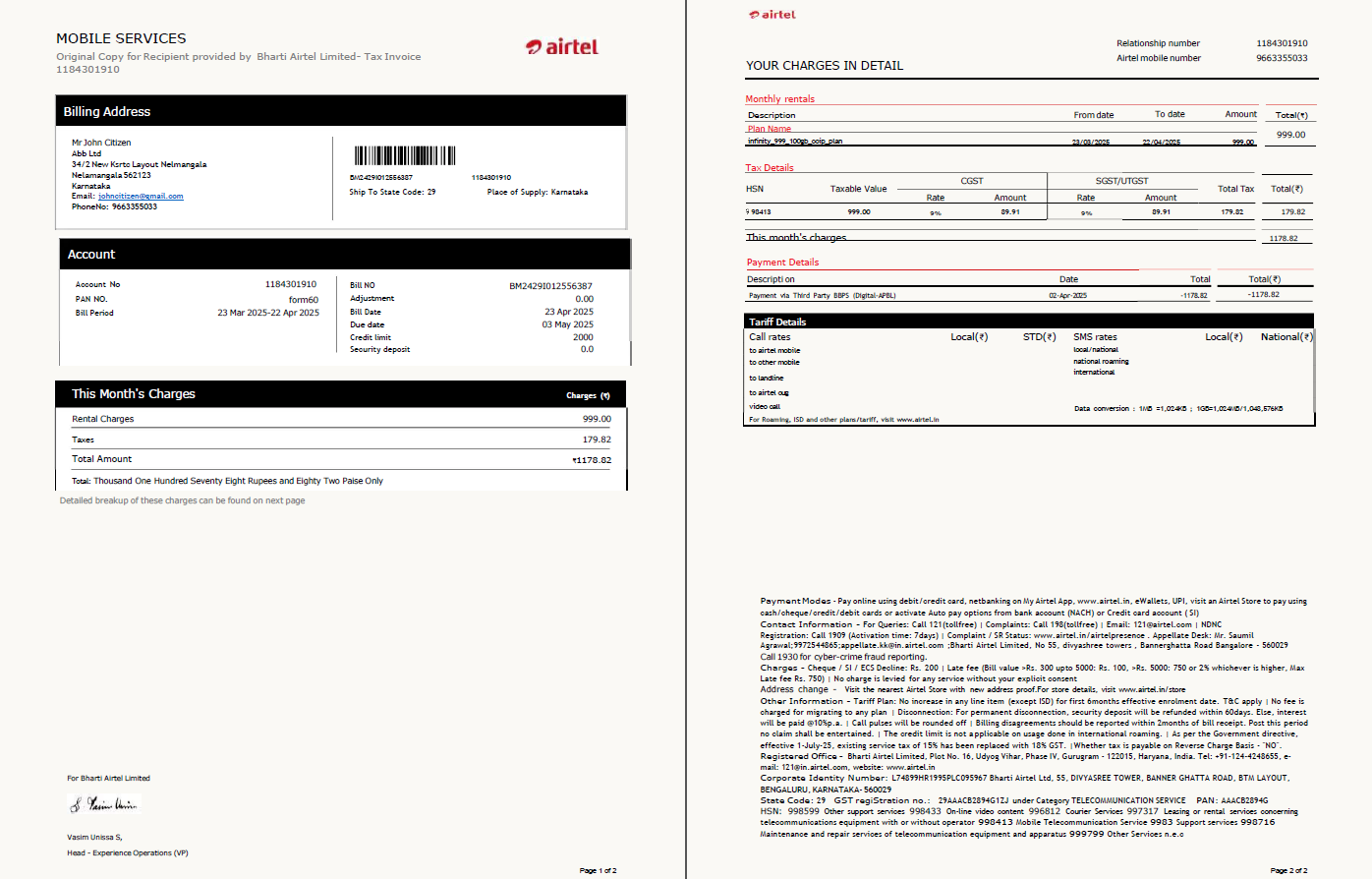 India airtel utility bill template in Word and PDF formats, 2 pages ...