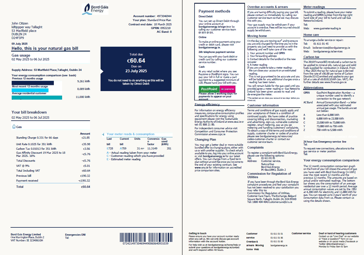 Ireland Bord Gáis Energy utility bill template in Word and PDF formats ...