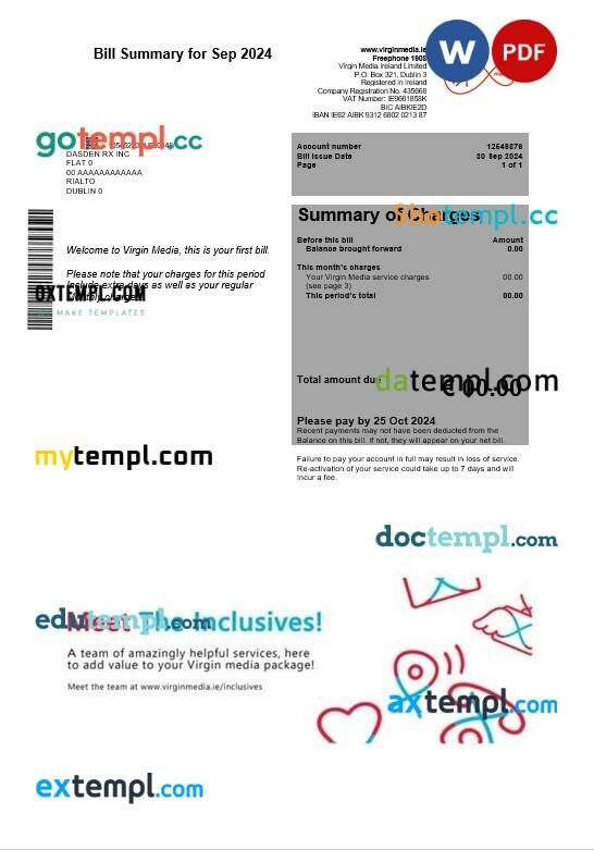 Ireland Virgin Media business utility bill template in Word and PDF ...