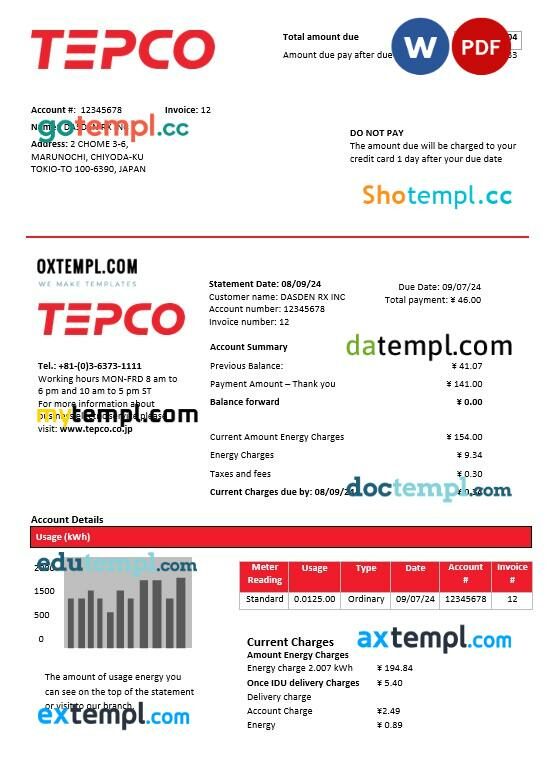 Japan Tokyo Electric Power Company electricity business utility bill ...