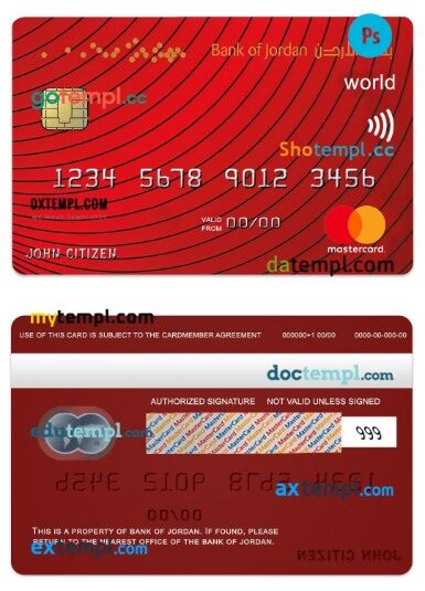 Jordan Bank of Jordan world mastercard template in PSD format