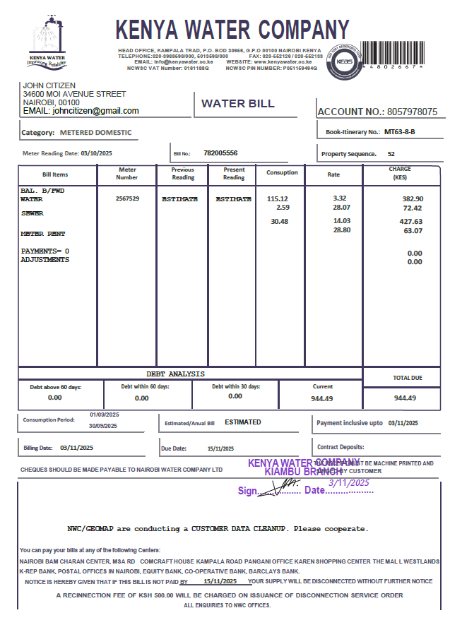 Kenya Water Company utility bill template in Word and PDF formats