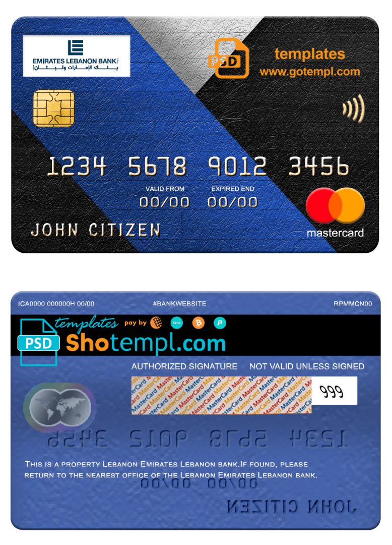 Lebanese Emirates Lebanese bank mastercard, fully editable example in ...