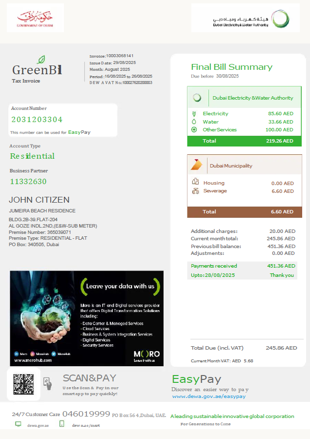 UAE Dubai Electricity & Water Authority utility bill template in Word ...