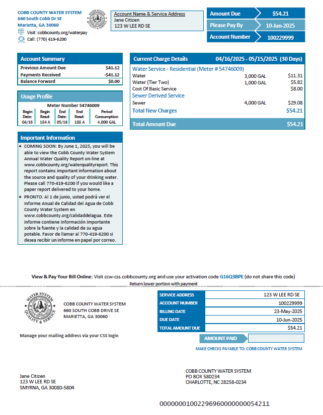 USA Cobb County Water System utility bill template in Word and PDF ...