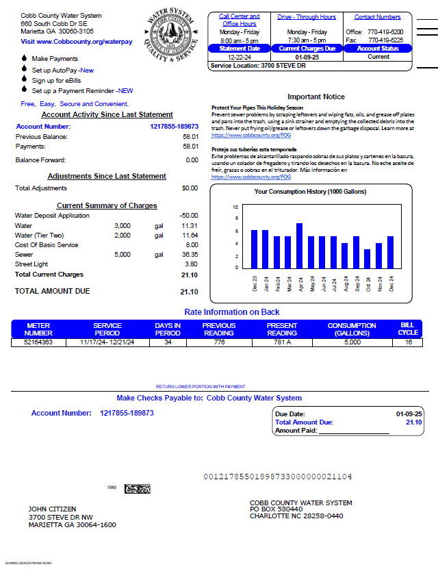 USA Cobb County Water System utility bill template in Word and PDF ...