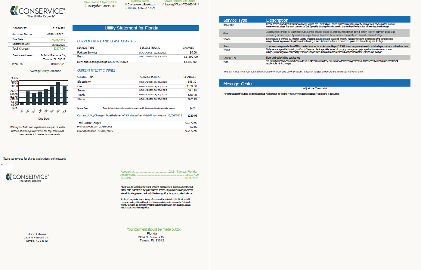 USA Conservice utility bill template in Word and PDF formats, 2 pages ...