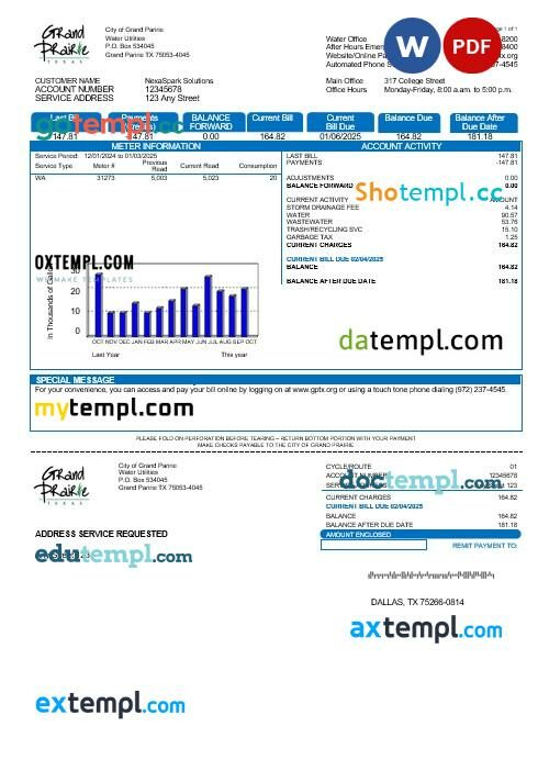 USA Texas Grand Prairie business utility bill template in Word and PDF ...