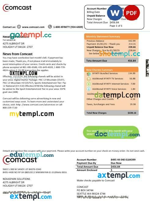 USA Utah Comcast business utility bill template in Word and PDF formats ...