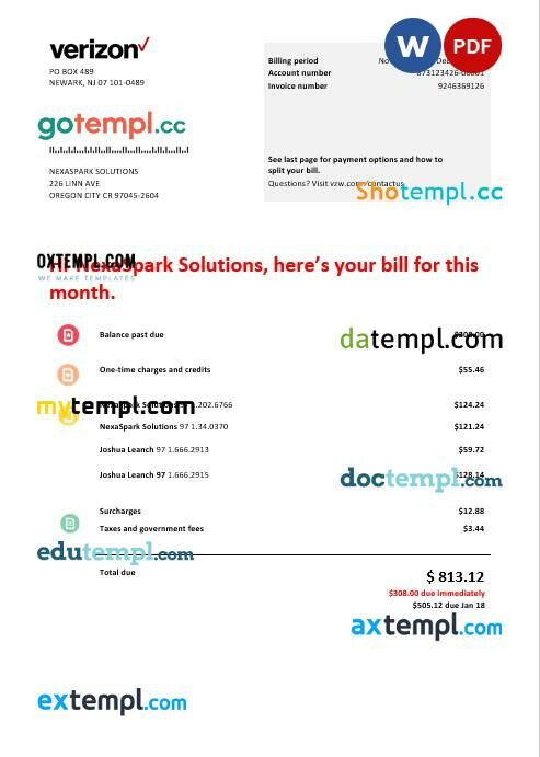 USA Verizon telecommunications business utility bill template in Word ...