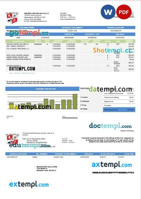 USA Wawatosa Water Utility business utility bill template in Word and ...