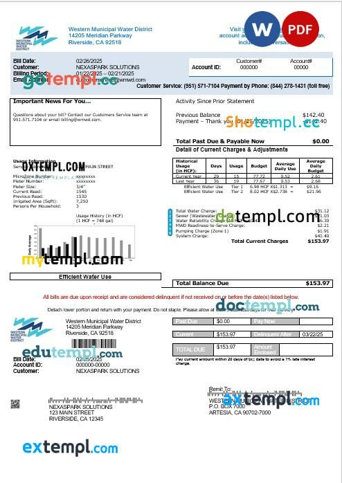 USA Western Municipal Water District business utility bill template in ...