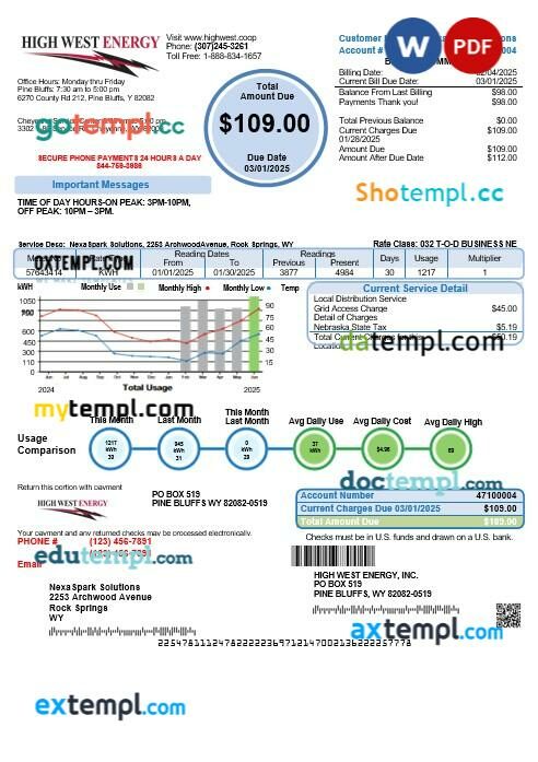 USA Wyoming High West Energy business utility bill in Word and PDF ...