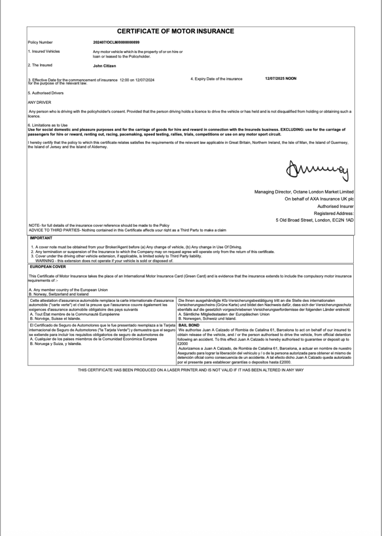 AXA Insurance UK certificate of motor insurance Word and PDF template ...