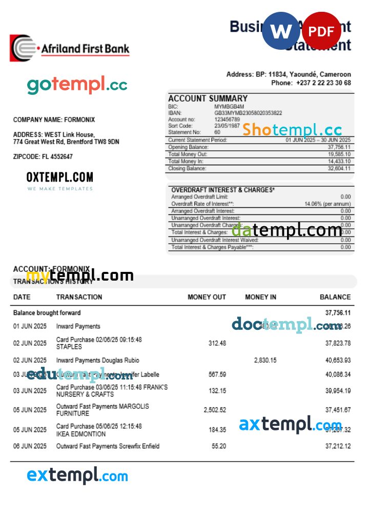 Afriland First organization checking account statement Word and PDF template