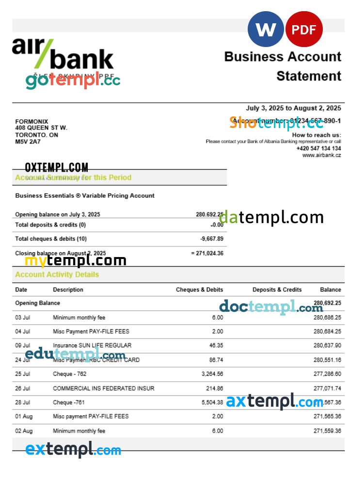 Air bank business organization checking statement Word and PDF format