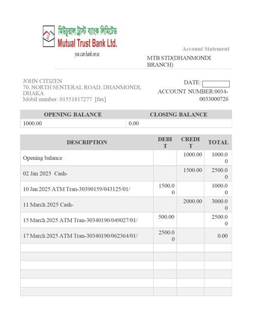 Bangladesh Mutual Trust Bank account statement Word and PDF template