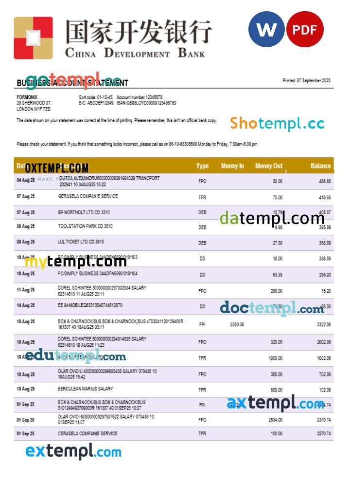 Chinese Development bank account business statement Word and PDF format