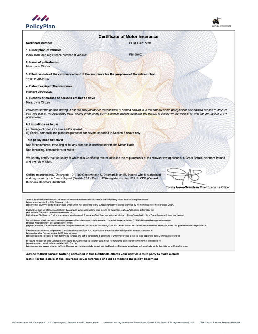 Copenhagen Gefion Insurance certificate of motor insurance Word and PDF ...