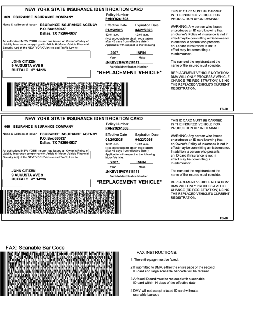 Esurance Insurance Company New York State Insurance identification card Word and PDF template